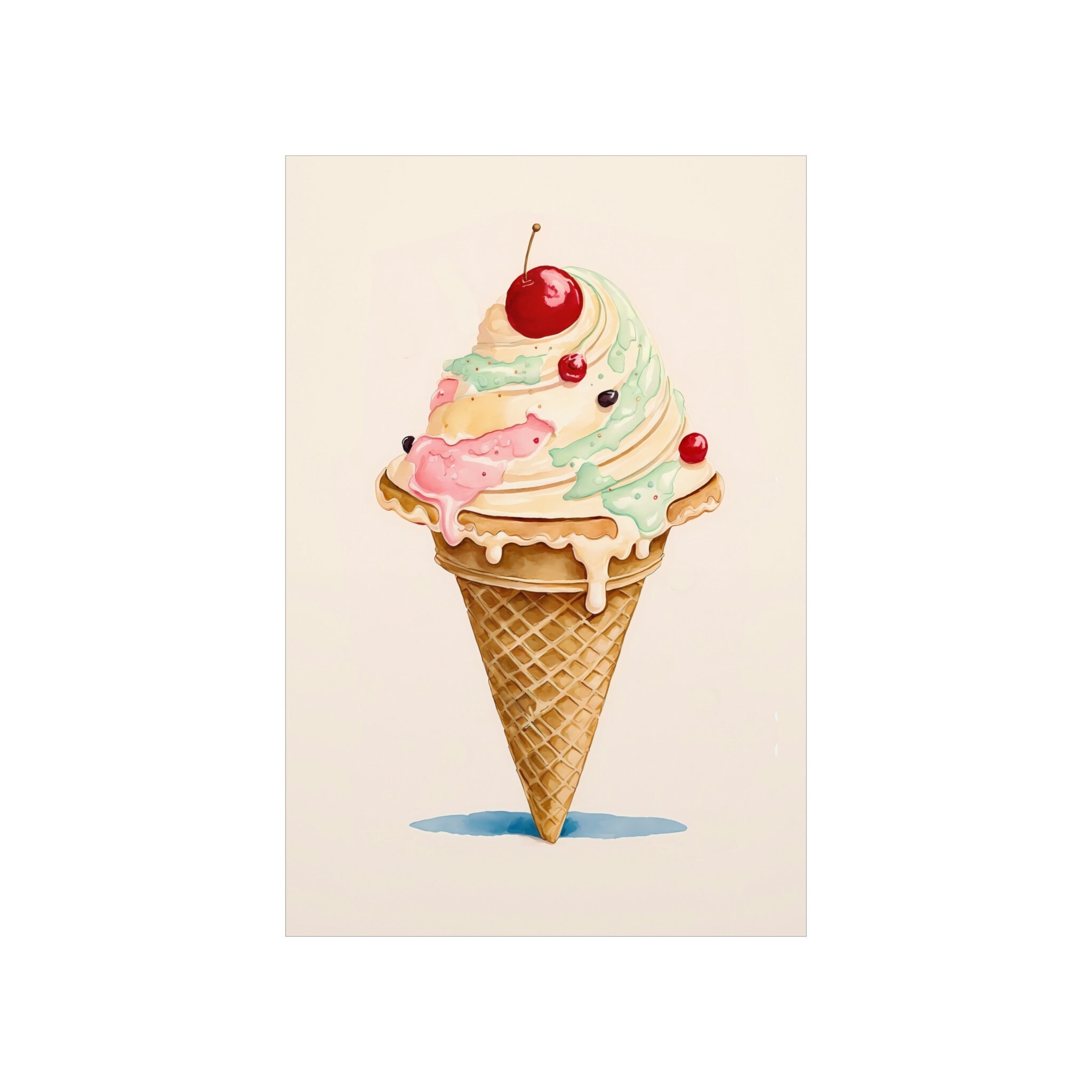 Ice Cream Cone Poster, Watercolor Retro 1950's, Vintage Wall Art ...