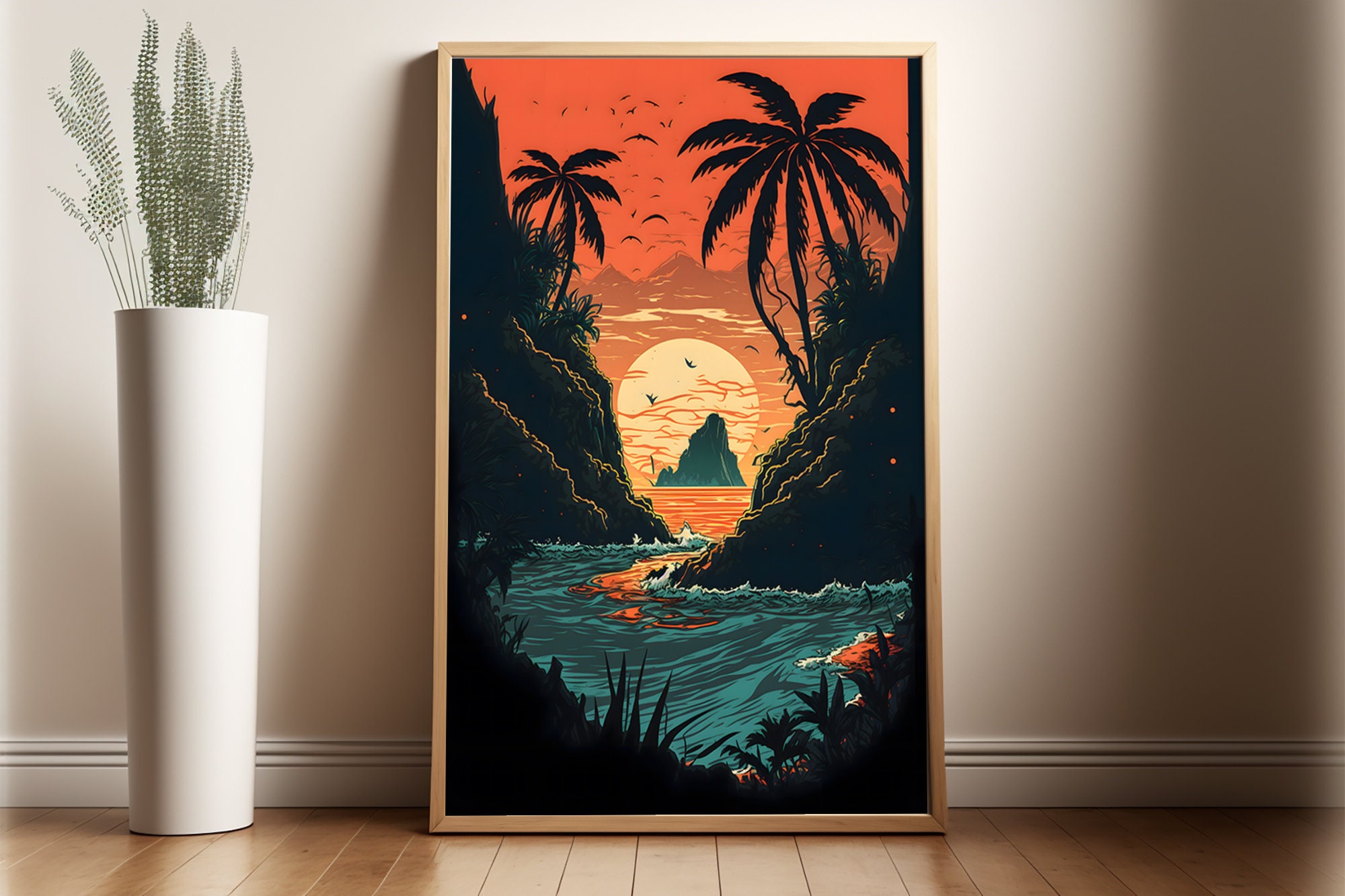 Tropical Sunset Print, Beach Landscape Poster, Palm Tree Wall Art ...