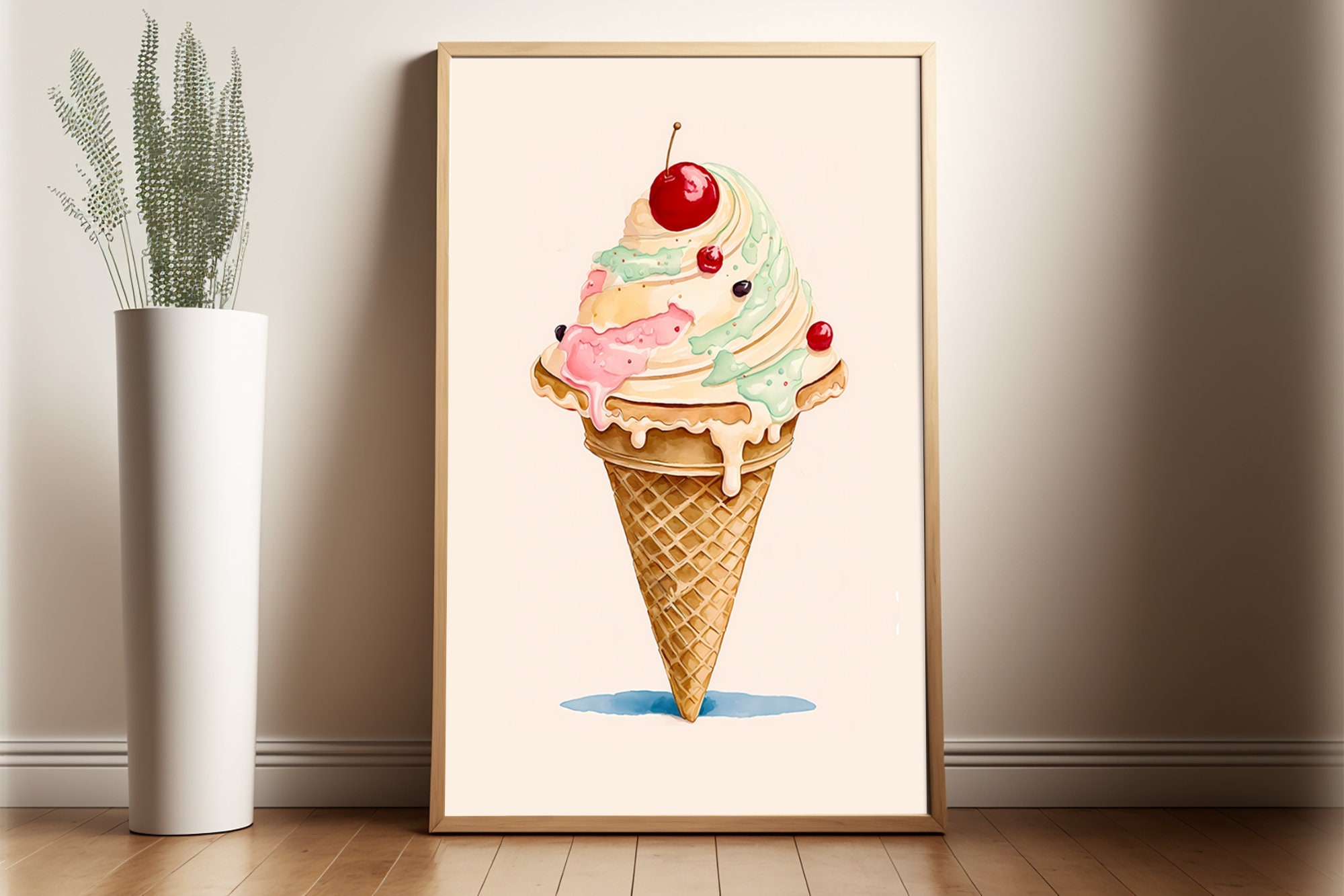 Ice Cream Cone Poster, Watercolor Retro 1950's, Vintage Wall Art ...
