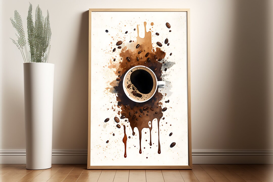 Watercolor Coffee Poster, Top Down Coffee Cup, Kicthen Wall Art, Cafe ...