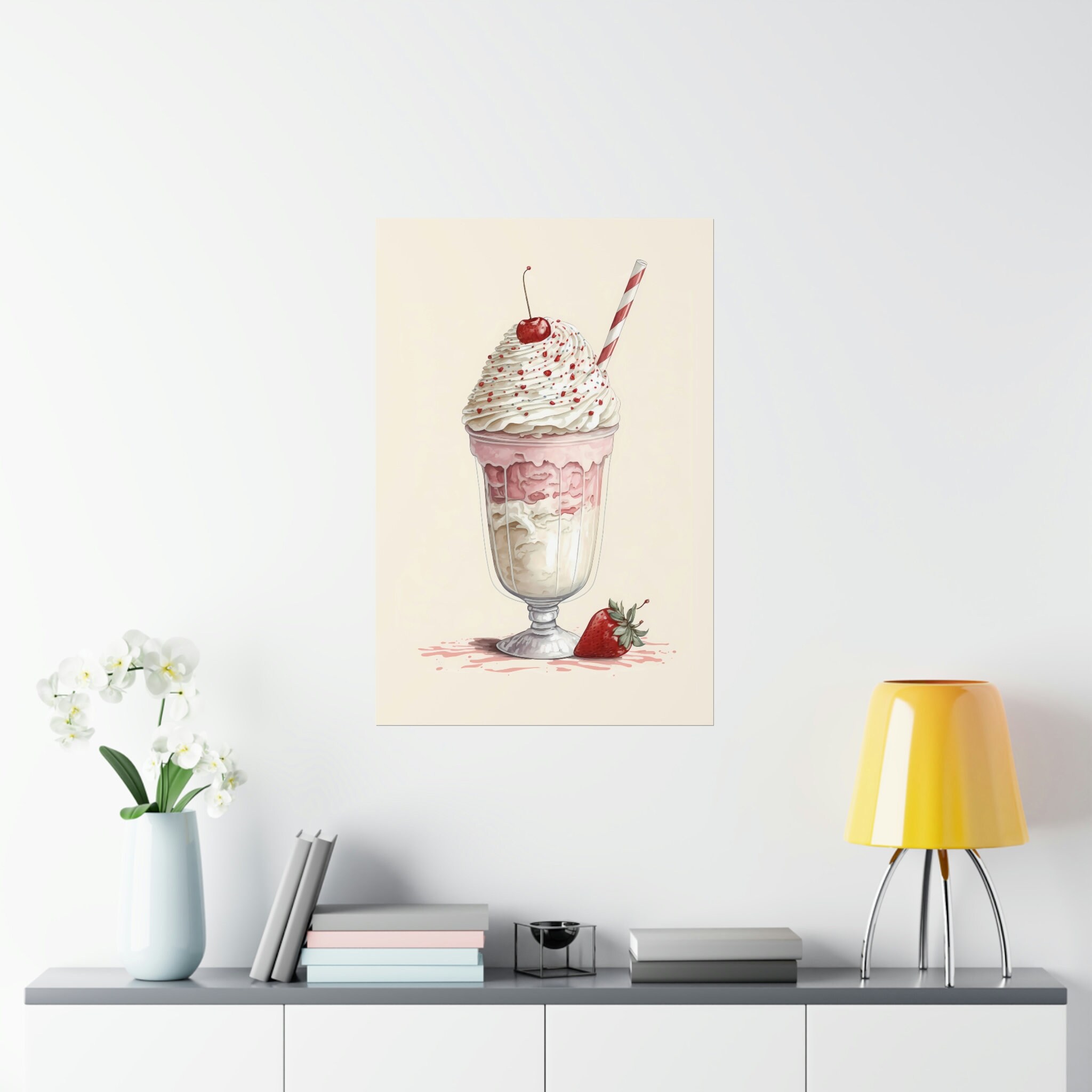 Strawberry Milkshake Watercolor Poster, Retro 1950s, Unique Wall Decor ...