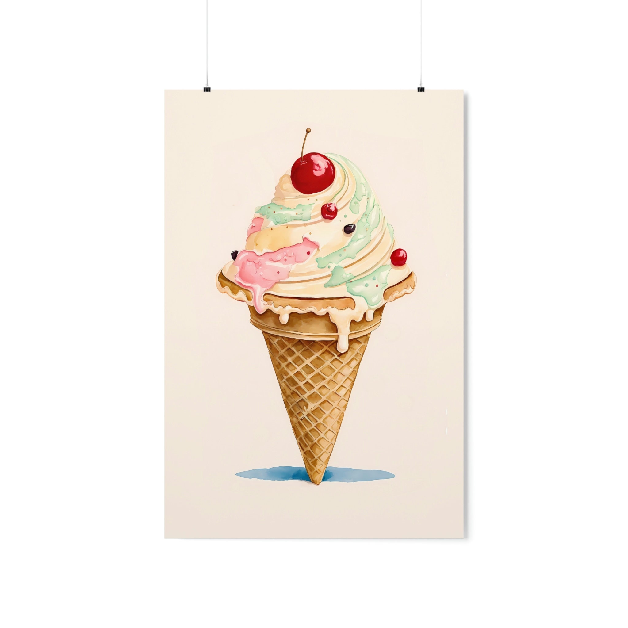 Ice Cream Cone Poster, Watercolor Retro 1950's, Vintage Wall Art ...