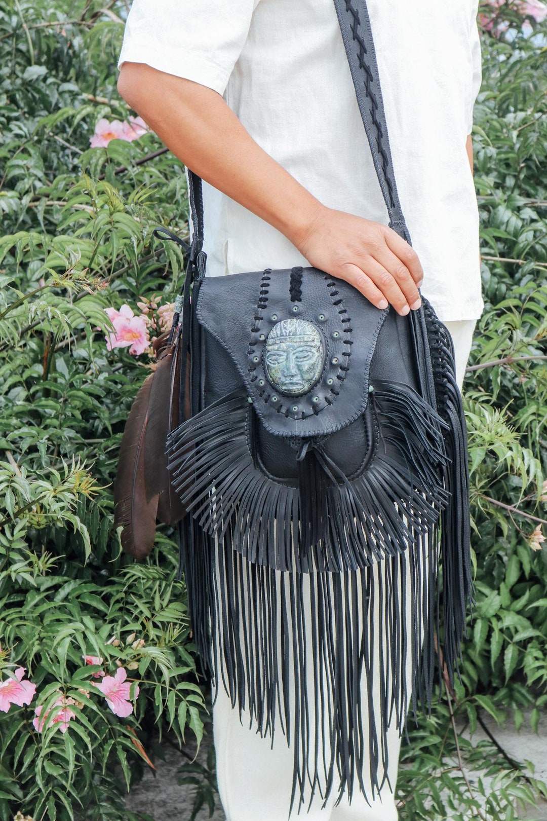 Mayan Jade Warrior Black Shamanic Leather Bag With Serpentine Jade ...