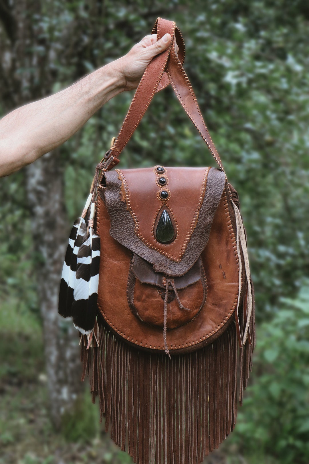 Large and Magical Leather Shamanic Bag With Gold Obsidian Details for ...