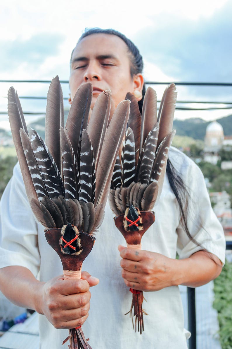 Jaguar Spirit Set of Two Feather Smudging Fans With Obsidian Blades and ...