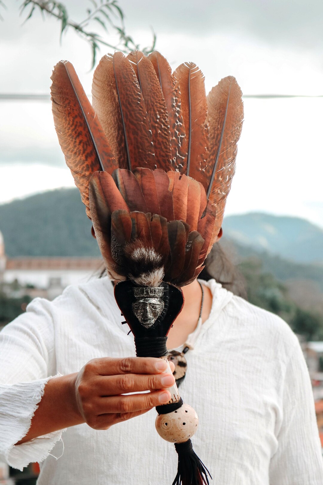 Copper Mayan Pheasant Feather Fan With Golden Pyrite Carved Face of a ...