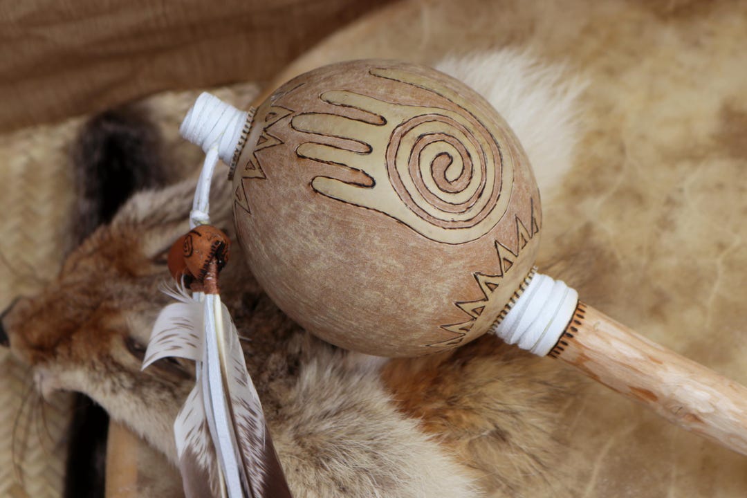 Hopi Hand Hand Carved Gourd Rattle With Sacred Feathers and Cacho Seeds ...