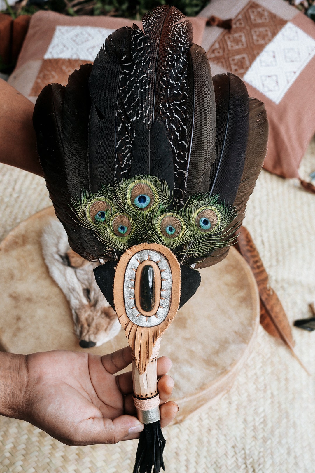 Peacock and Wild Mayan Pheasant Hocofaisan Shamanic Feather Fan With ...
