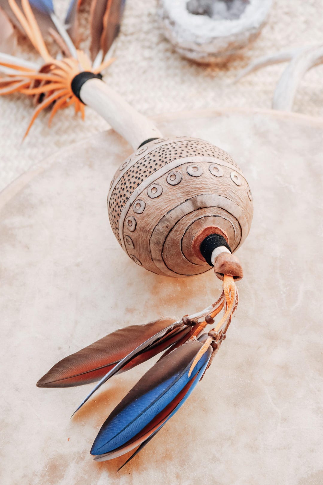 Blue Macaw Feathers and Natural Gourd Shamanic Rattle - Hand Carved ...