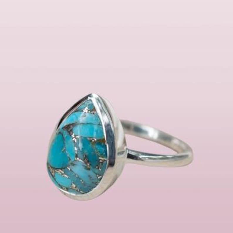 Blue Copper Turquoise Gemstone Ring, Turquoise Ring, Tear Drop Turquoise Ring, Turquoise ...