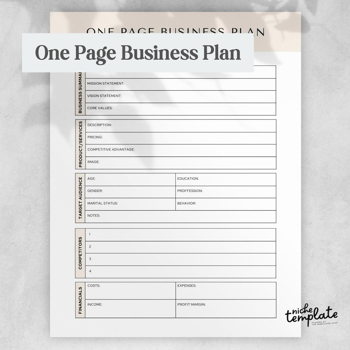 One Page Business Plan Editable, Canva Template - Etsy