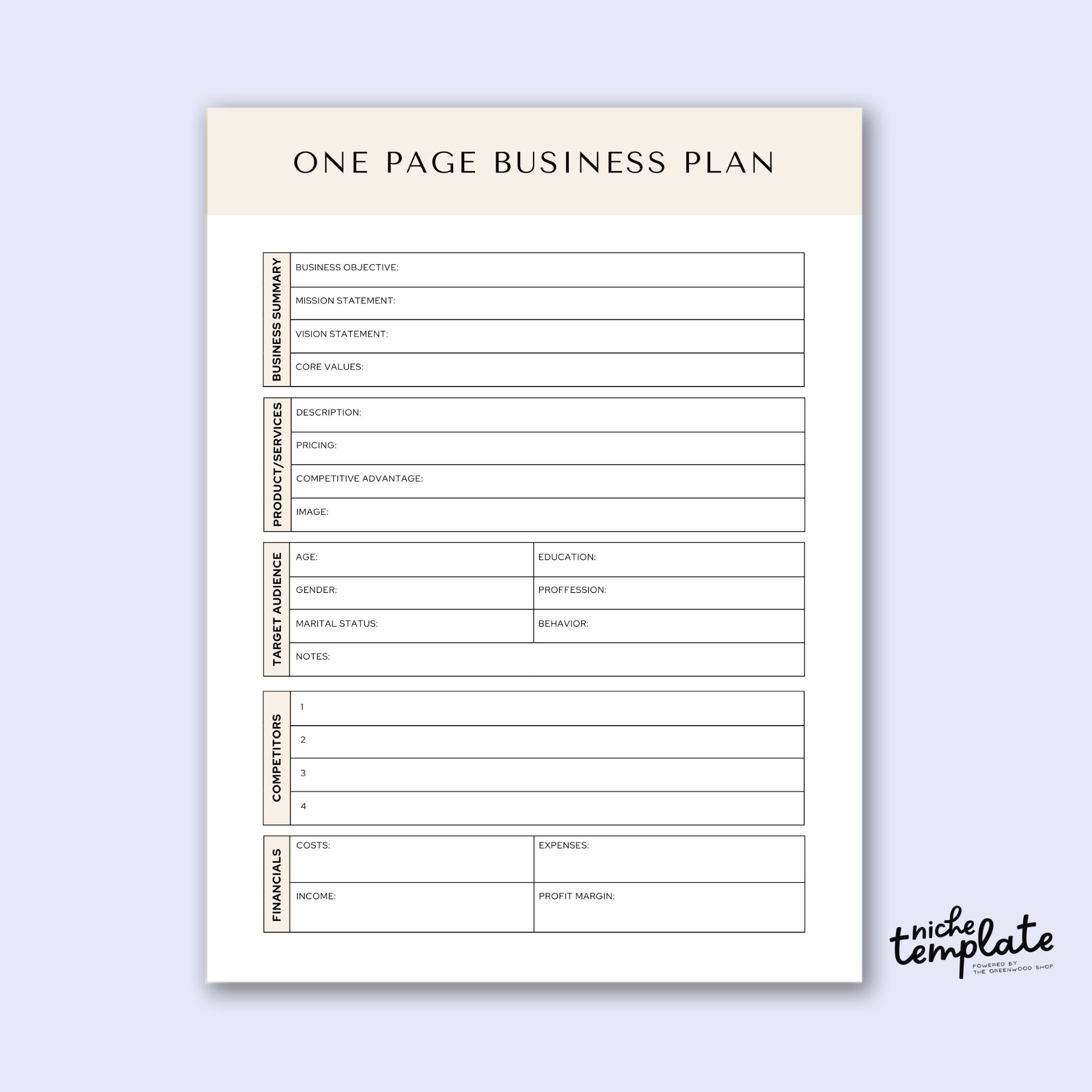 One Page Business Plan | Editable, Canva Template - Etsy
