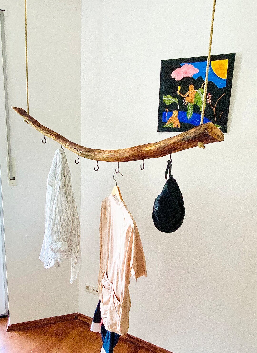 Hanging Clothes Rail Made of Natural Wood, Wooden Clothes Rail ...
