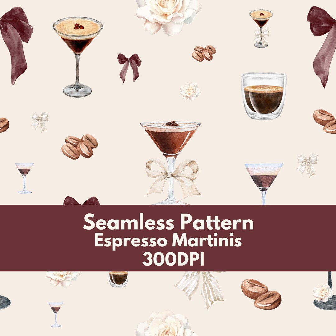 Seamless Espresso Martini Pattern PNG Coffee Beans & Coquette Bows ...