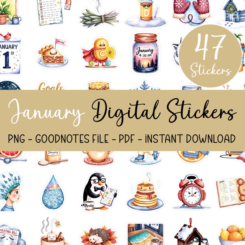 January Digital Planner Stickers Bundle 47 PNG Winter Goodnotes ...
