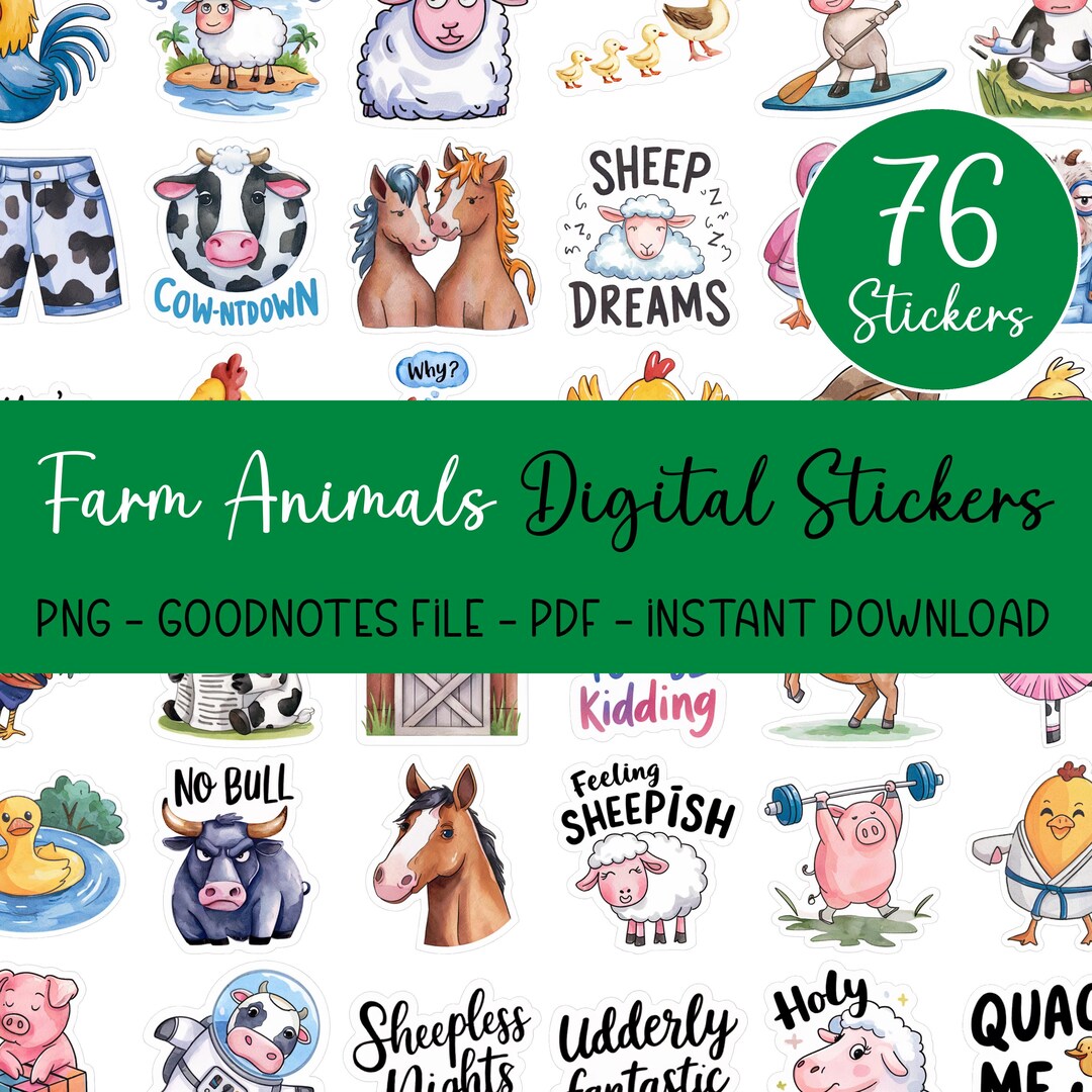Farm Animals Digital Stickers Bundle Goodnotes Stickers Precropped PNG ...