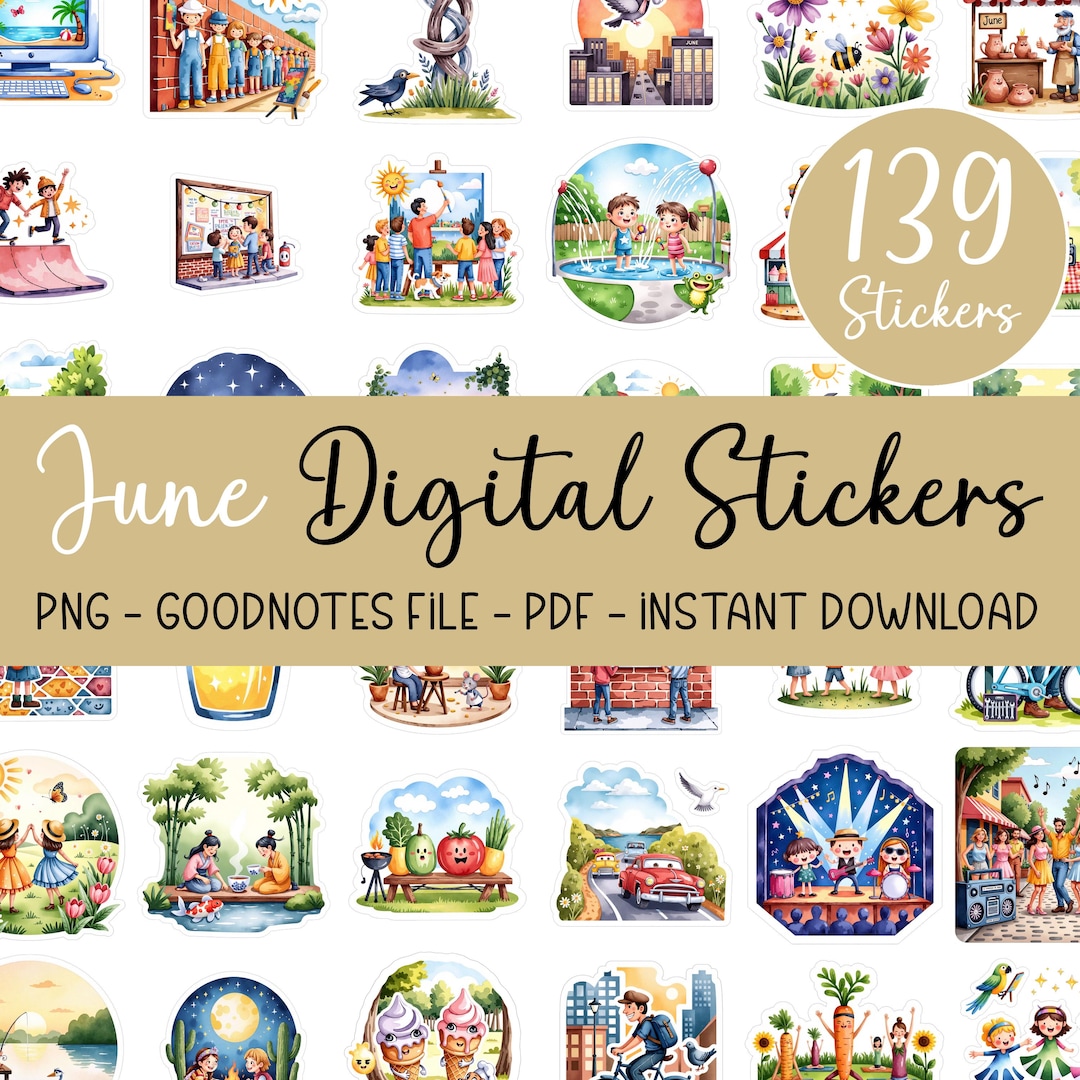 139 Summer Digital Stickers Pack June Goodnotes Planner PNG Transparent ...