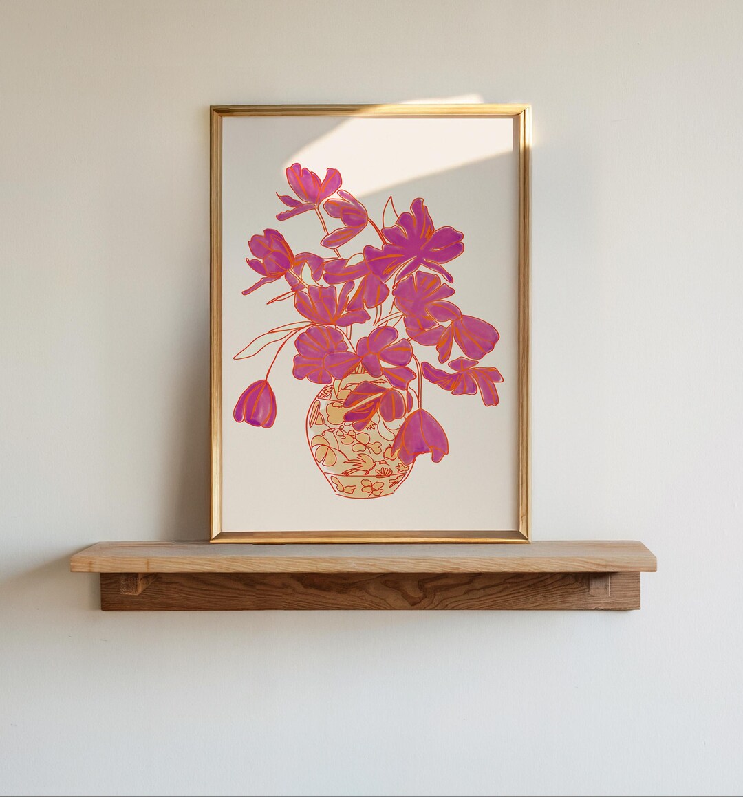Pink Poppies Vase Print, Modern Floral Line Art, Botanical Wall Decor ...