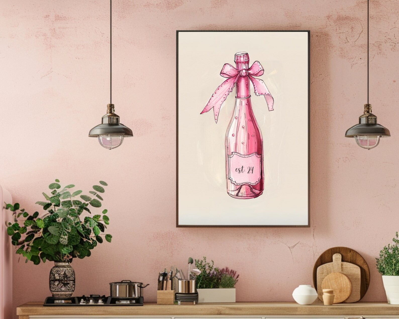Cute Pink Bottle of Wine Coquette Bow Art Print, Cute Drink Art Print ...