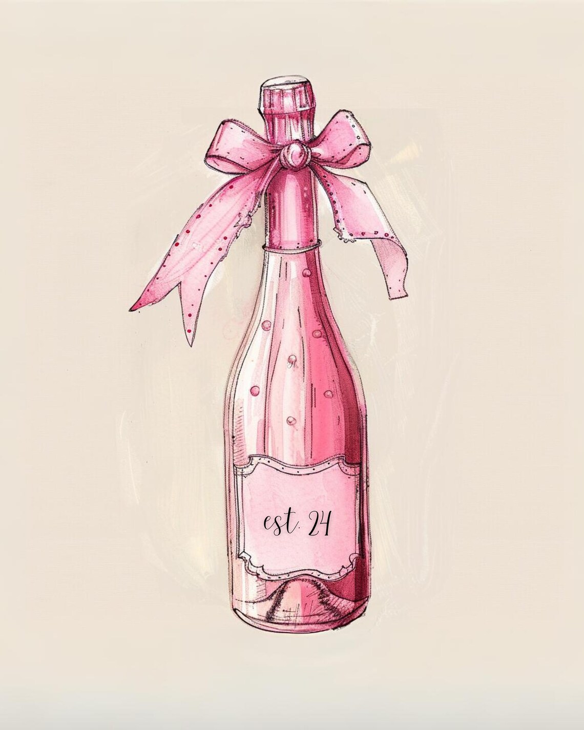 Cute Pink Bottle of Wine Coquette Bow Art Print, Cute Drink Art Print ...