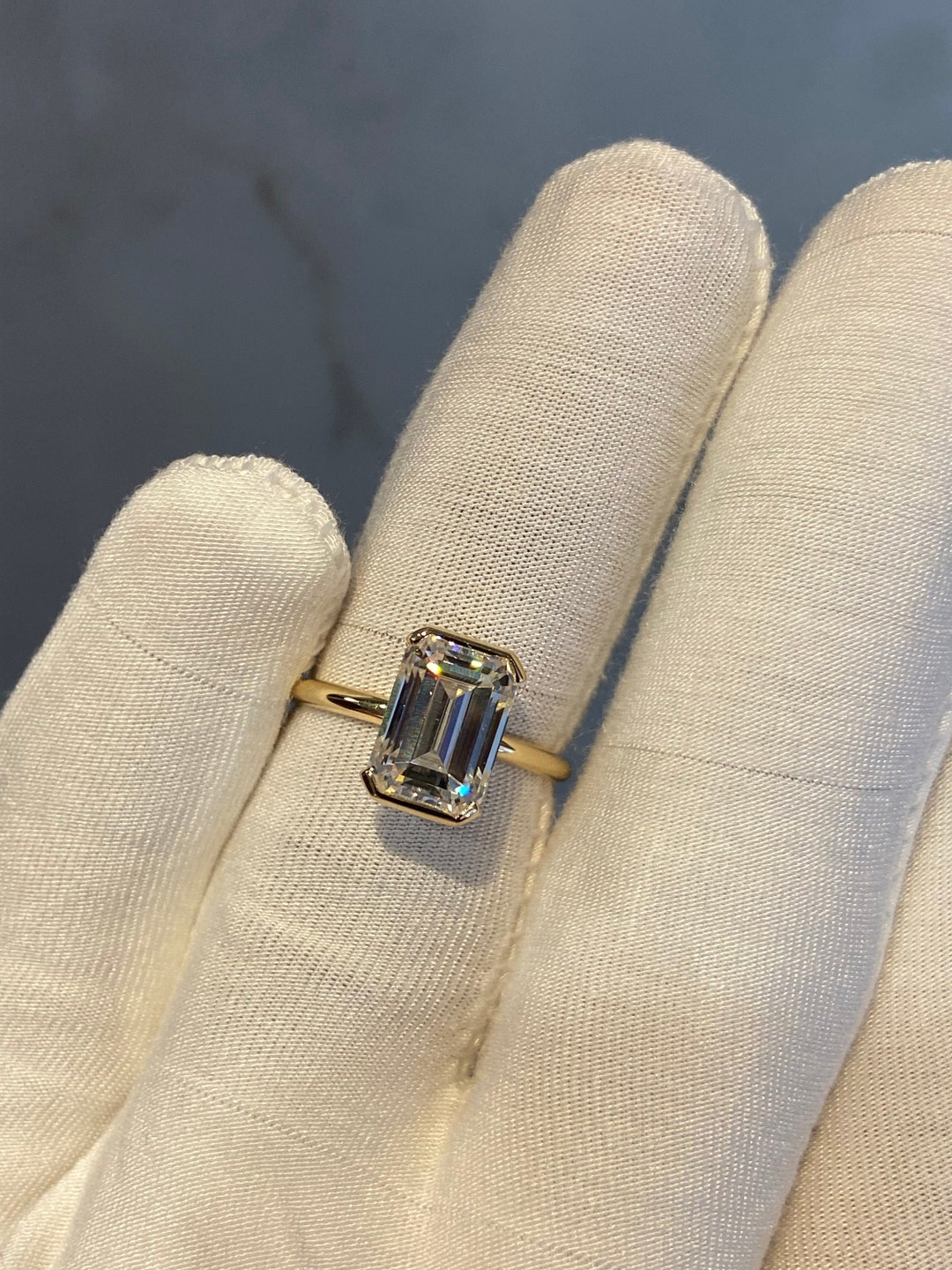 Modern Half Bezel Long Emerald Cut Moissanite Ring • 18k Solid Gold ...
