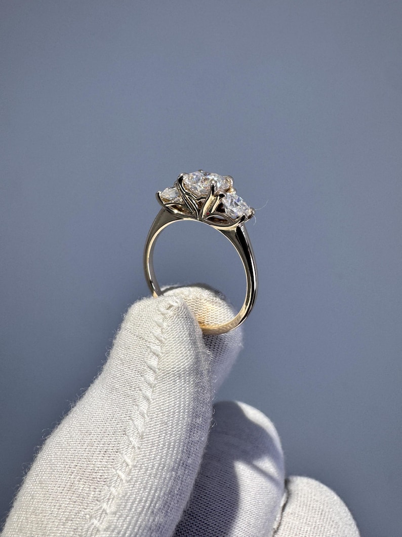 Trilogy Moissanite Ring: 14k Gold, Three Stone Engagement Ring Round ...