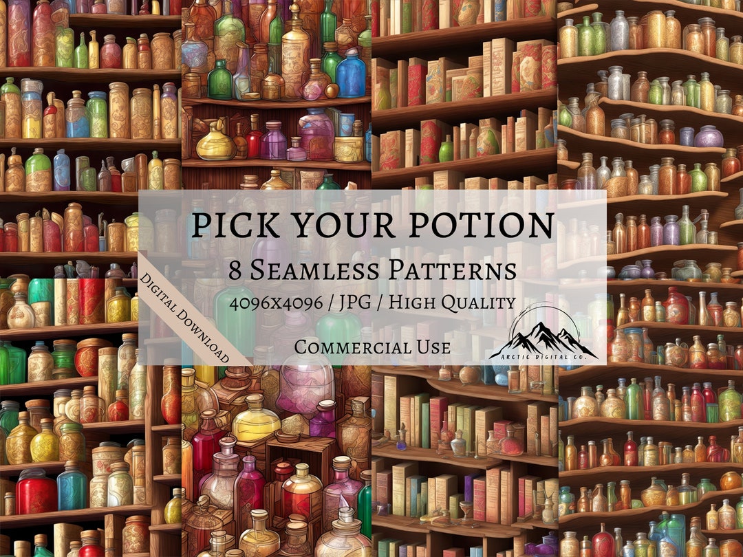 Printable Seamless Digital Paper Potion Shelves RPG Theme Seamless ...