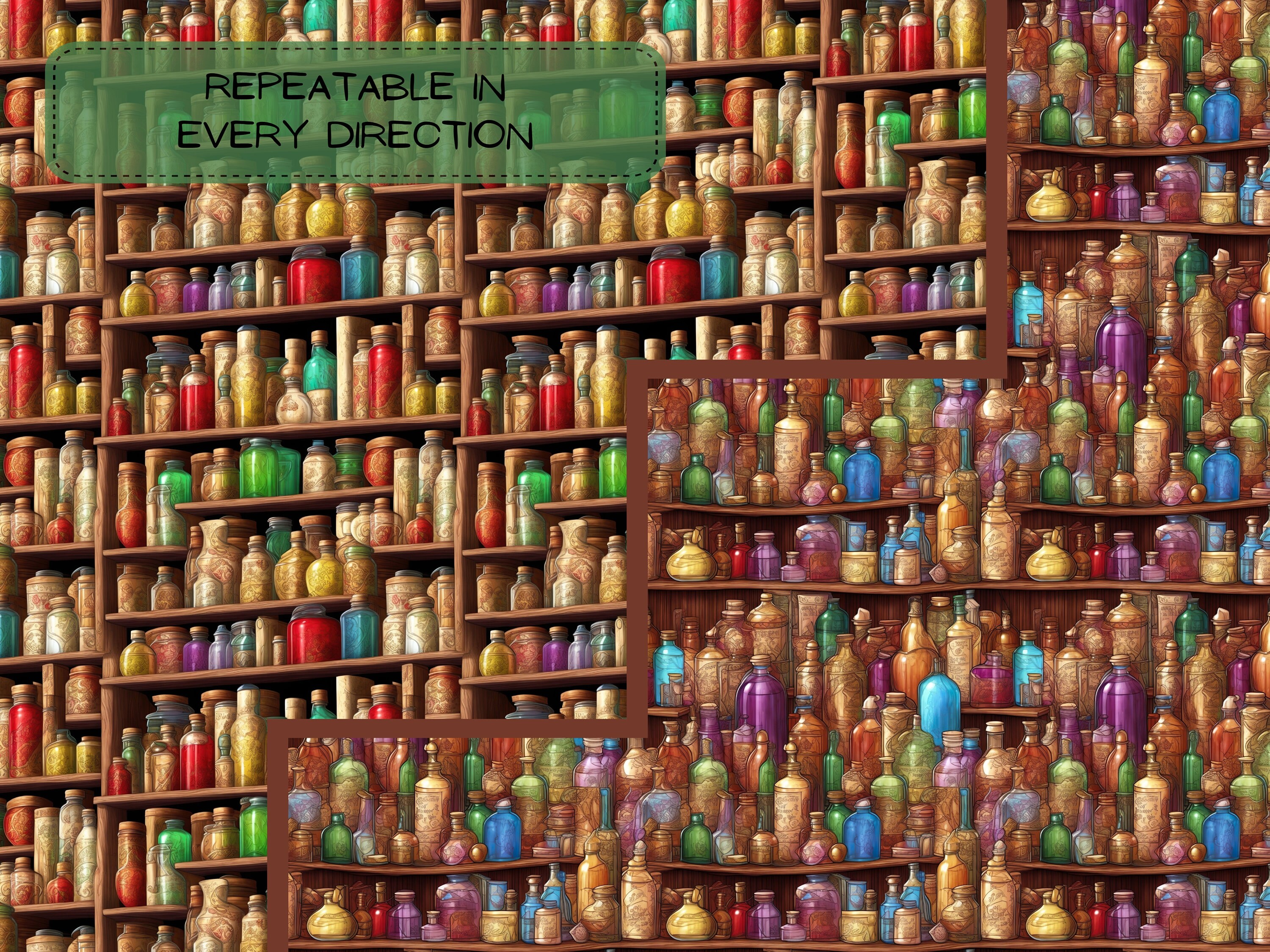 Printable Seamless Digital Paper Potion Shelves RPG Theme Seamless ...