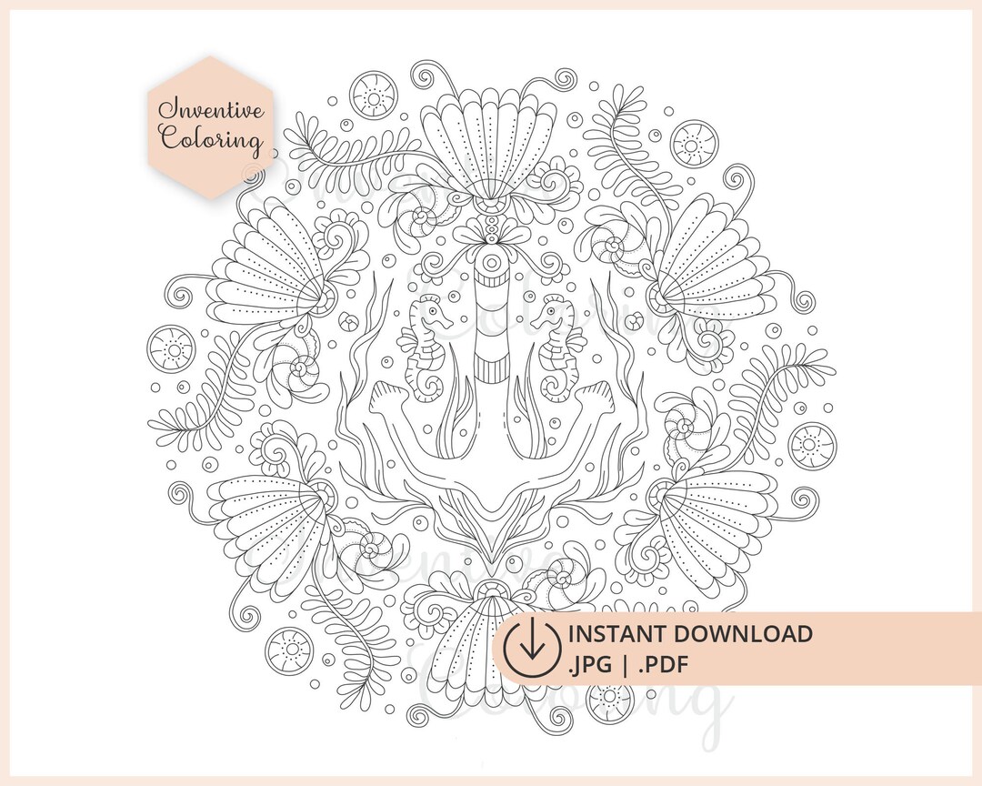 Shells Mandala With Anchor, Adults Decorative Coloring Page for Tweens ...