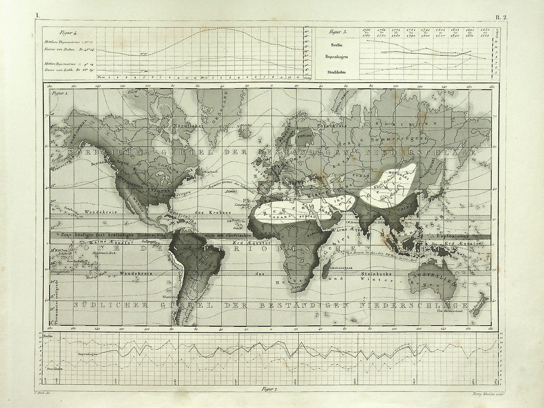 1849 World Climate Map Engraving | Johann Georg Heck Bilder-atlas ...