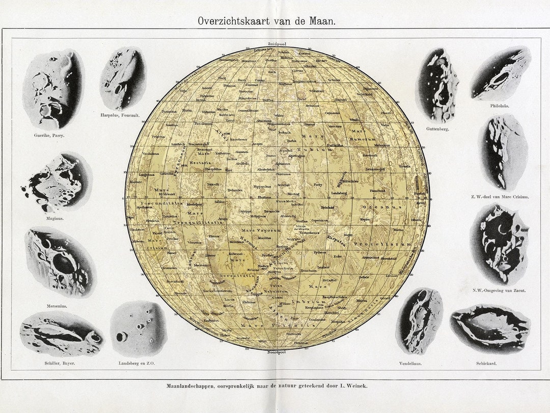 Antique Map - Overview of the Moon: Detailed Lunar Crater Map by L ...