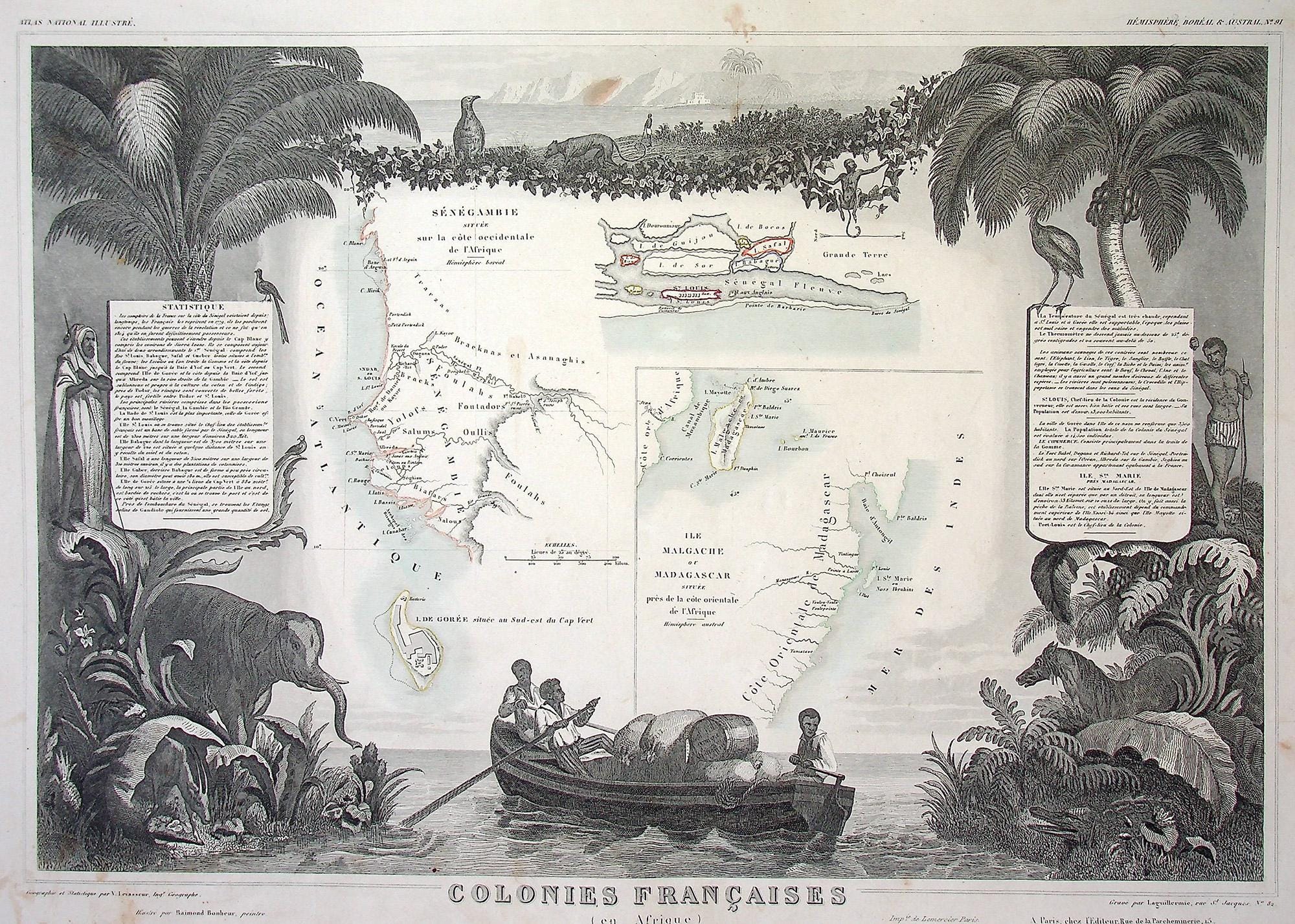 Colonies Françaises En Afrique - Antique Hand-colored Engraving 1856 ...