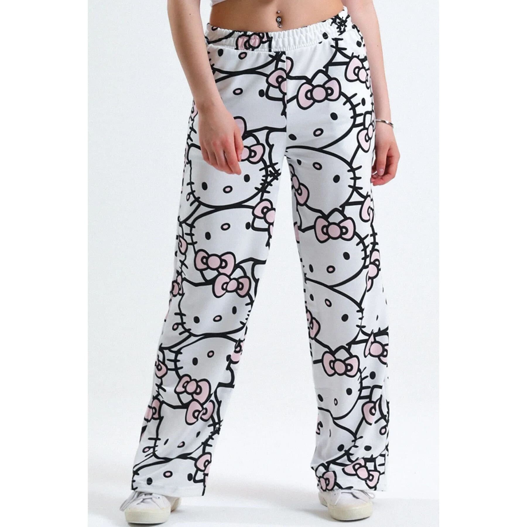 EXPRESS Cute White Hello Kitty Cat Oversized Wide Leg Sweatpants Pyjama ...