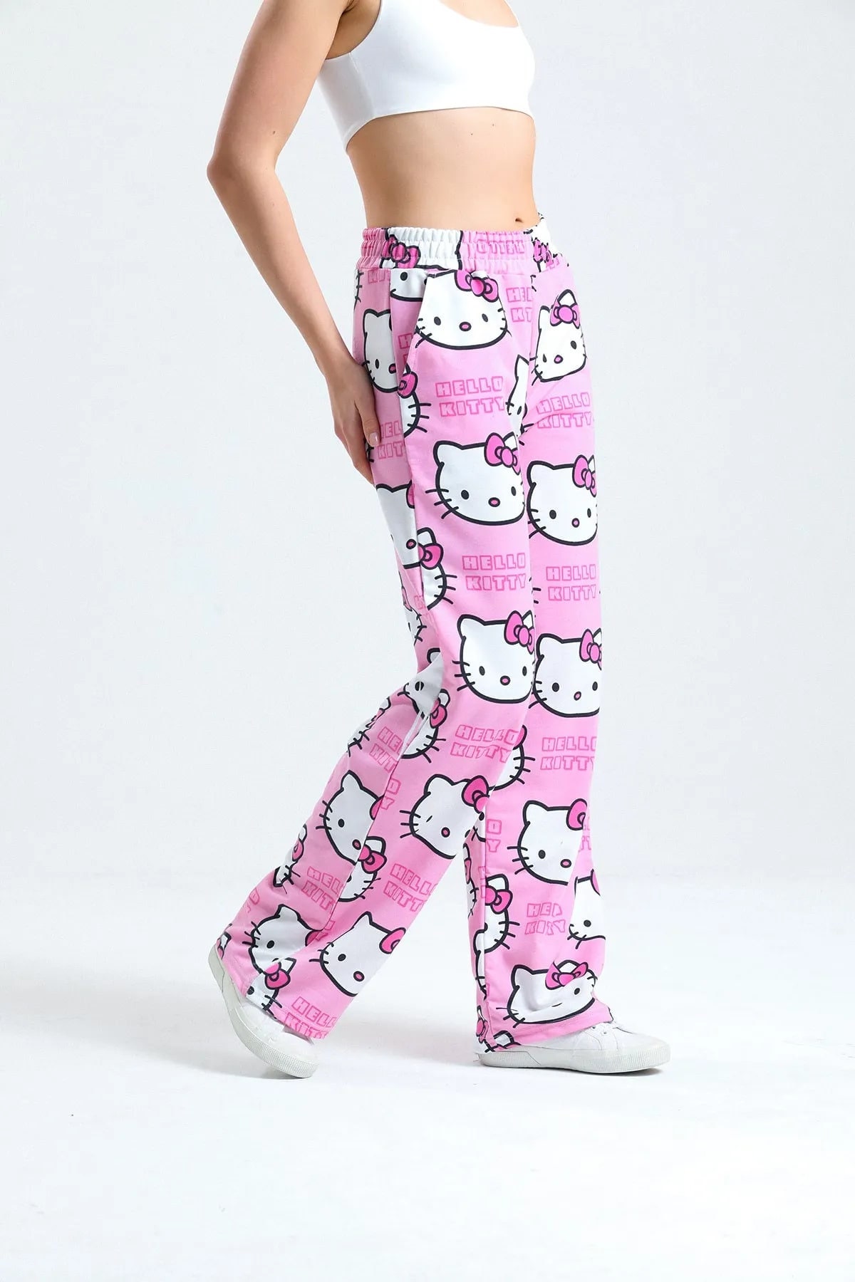 EXPRESS Cute White Hello Kitty Cat Oversized Wide Leg Sweatpants Pyjama ...