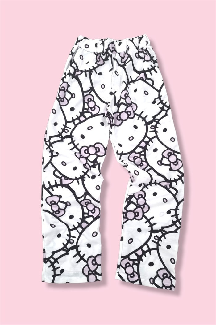 SUMMER EXPRESS Cute White Hello Kitty Cat Oversized Wide Leg Sweatpants ...