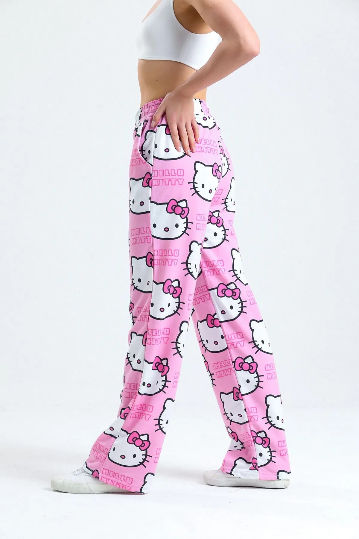 EXPRESS Cute White Hello Kitty Cat Oversized Wide Leg Sweatpants Pyjama ...