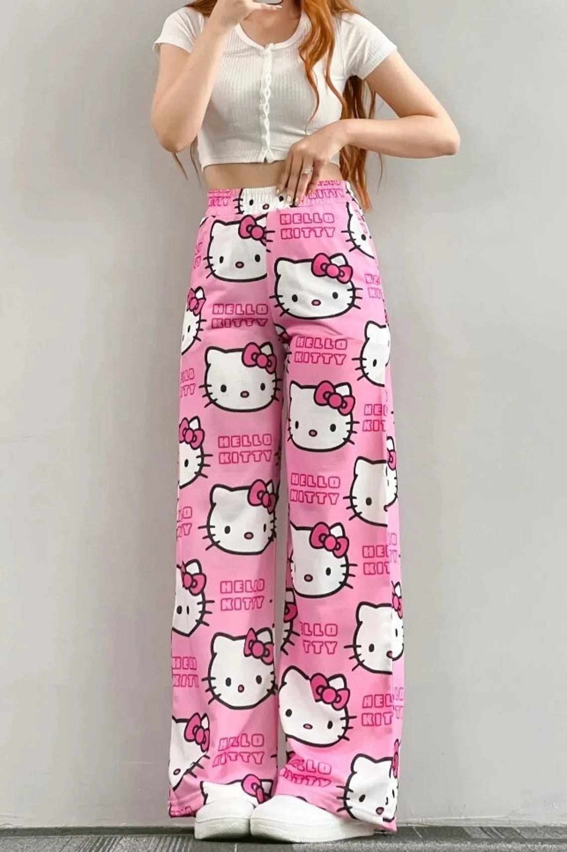 SUMMER EXPRESS Cute White Hello Kitty Cat Oversized Wide Leg Sweatpants ...