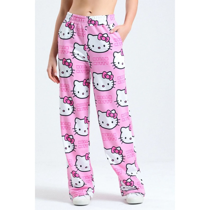 EXPRESS Cute White Hello Kitty Cat Oversized Wide Leg Sweatpants Pyjama ...