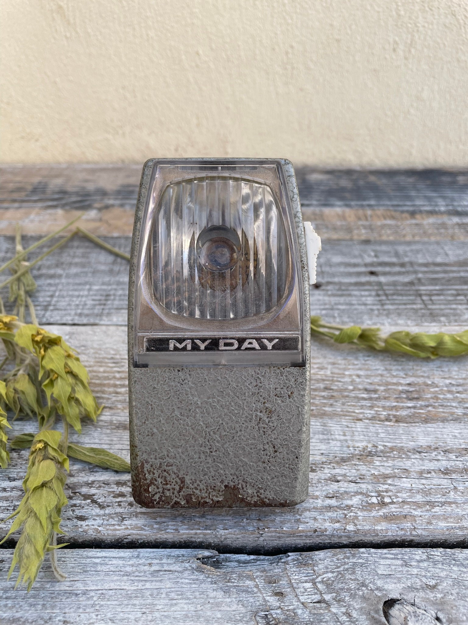 Vintage Old Flashlight MY DAY. Metal Retro Flashlight. Old Rusty ...