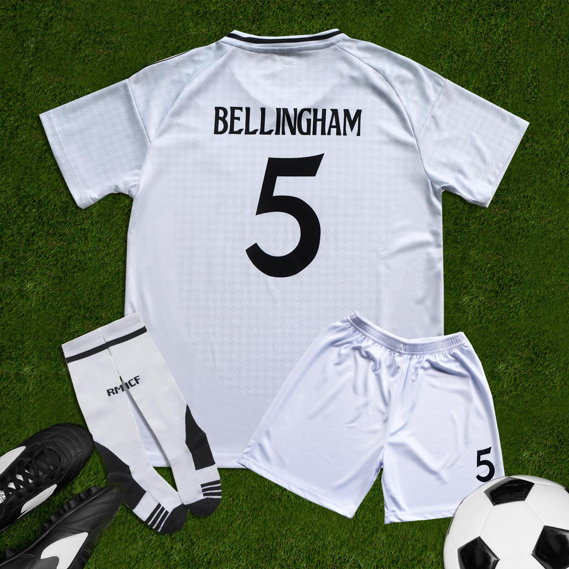 Bellingham #5 Madrid Jude Home White Kids New Soccer Jersey Shorts ...