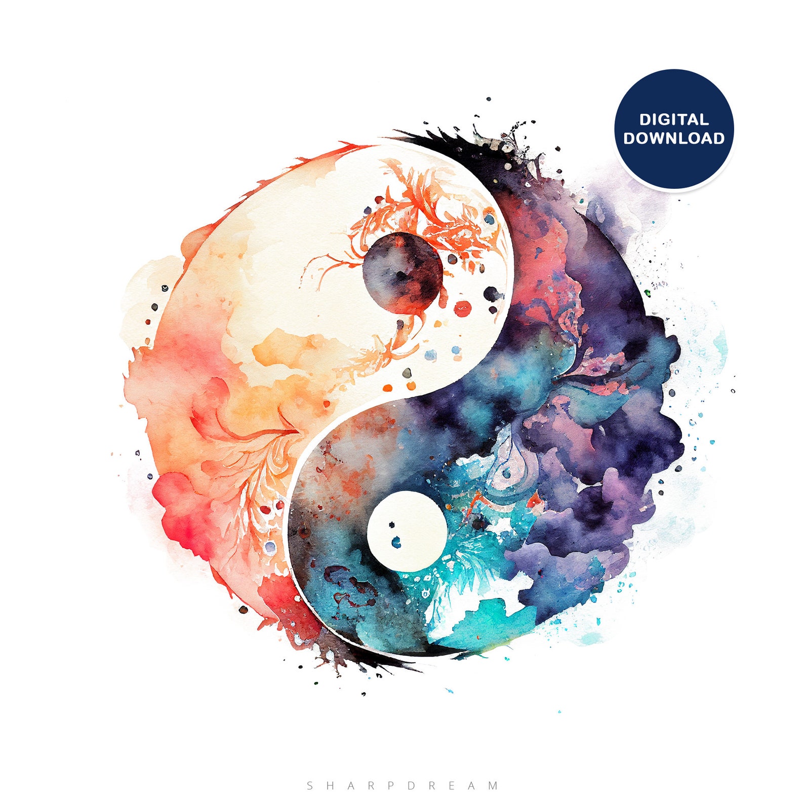 Cosmic Duality and Natural Balance Yin Yang Vista - Serene Watercolor ...