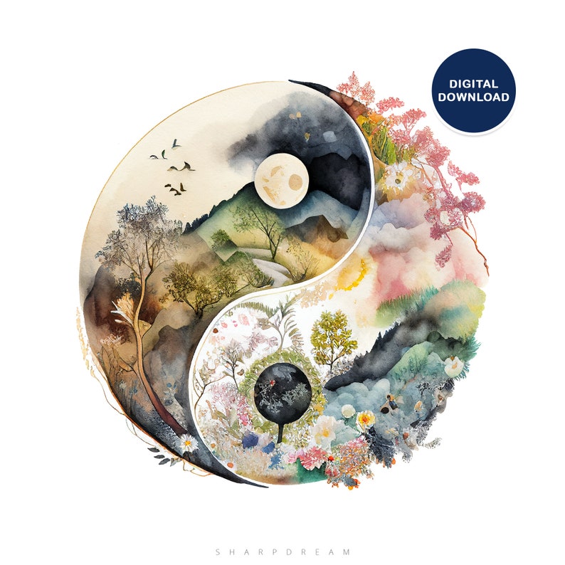 Harmony and Balance Yin-yang Printable, Watercolor Zen Decor, Digital ...