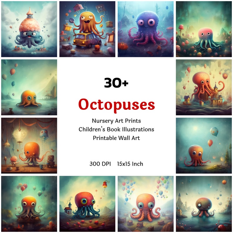 Octopus Printable Clipart Bundle, Cute Octopuses Nursery Wall Art ...