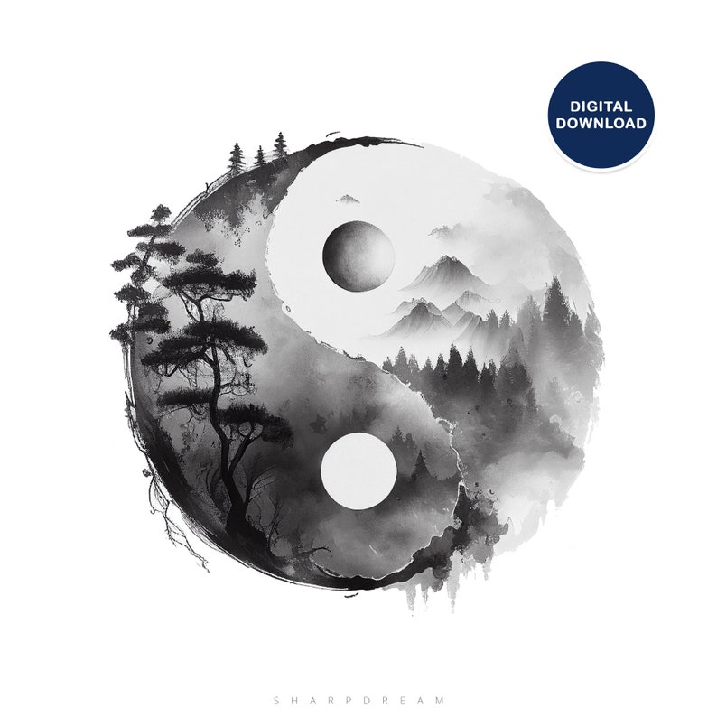 Black and White Yin Yang Wall Art, Spiritual Print, Taoism Art, Yoga ...