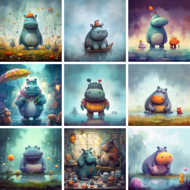 Cartoon Hippo Printable Clipart Bundle, Cute Hippos Nursery Wall Art ...