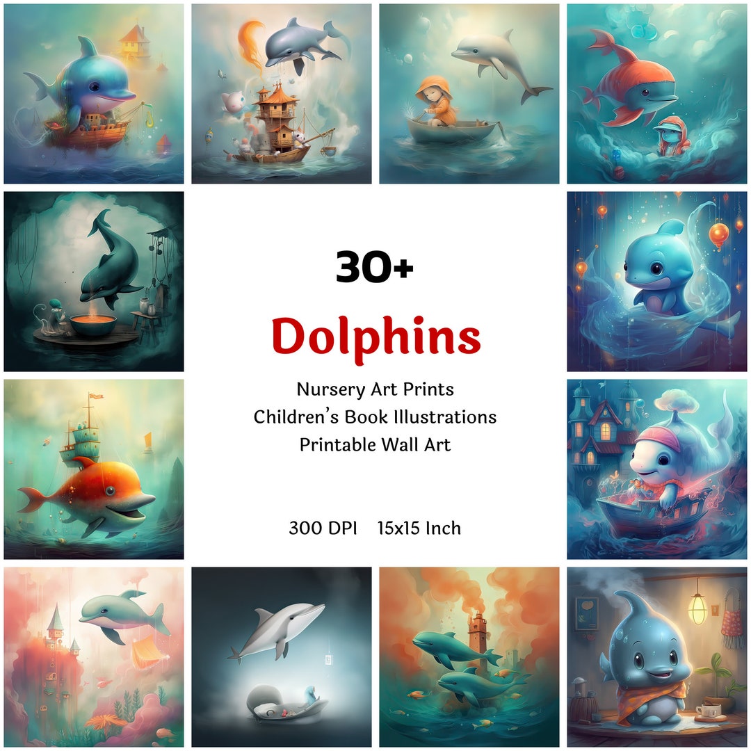 Dolphin Printable Clipart Bundle, Cute Dolphins Nursery Wall Art ...