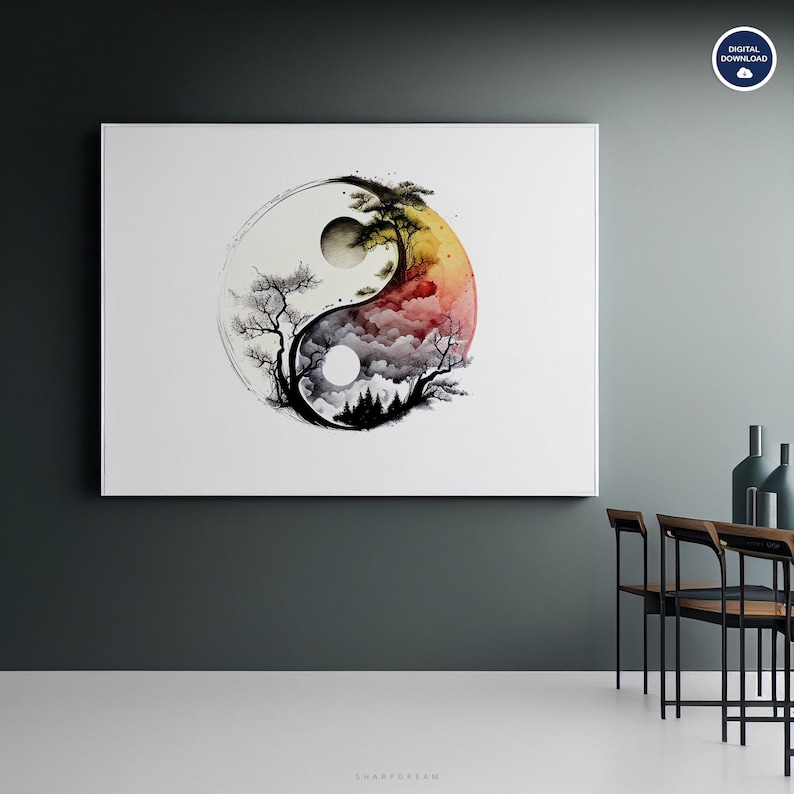 Yin Yang Printable, Ying Yang Watercolor Artwork, Meditation Wall Art ...