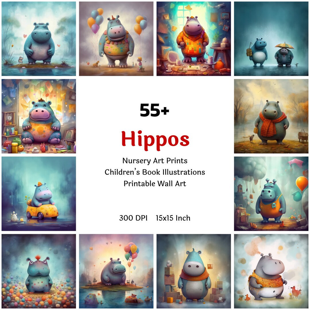 Cartoon Hippo Printable Clipart Bundle, Cute Hippos Nursery Wall Art ...