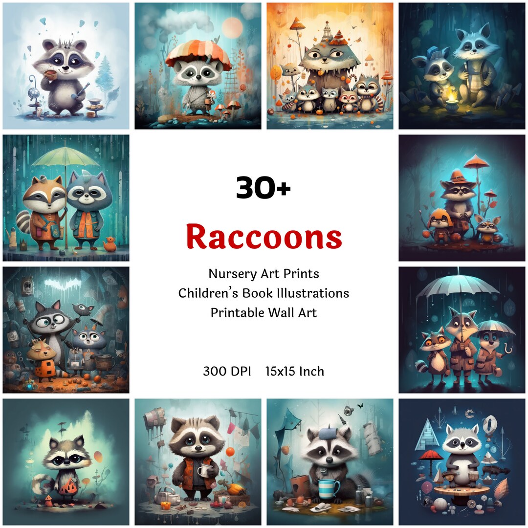 Raccoon Printable Clipart Bundle, Cute Raccoons Nursery Wall Art ...
