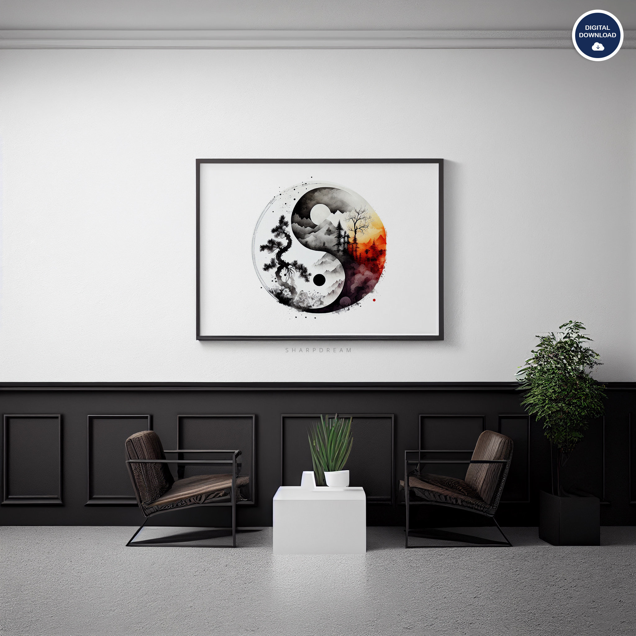 Instant Download Yin Yang Art, Printable Zen Watercolor Wall Decor ...